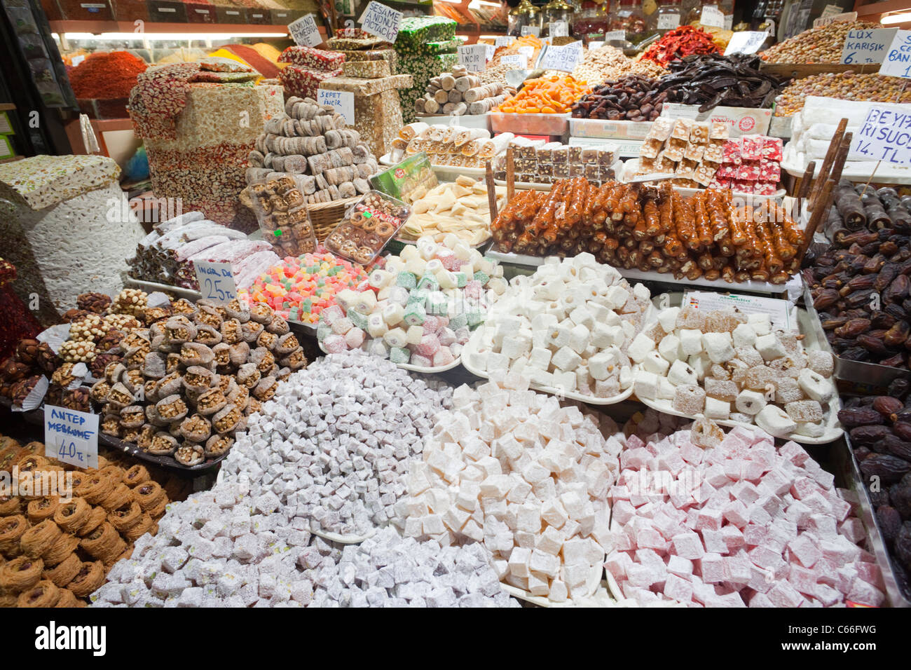 Turkey, Istanbul, Sultanahmet, Spice Bazaar, Display of Turkish Delight ...