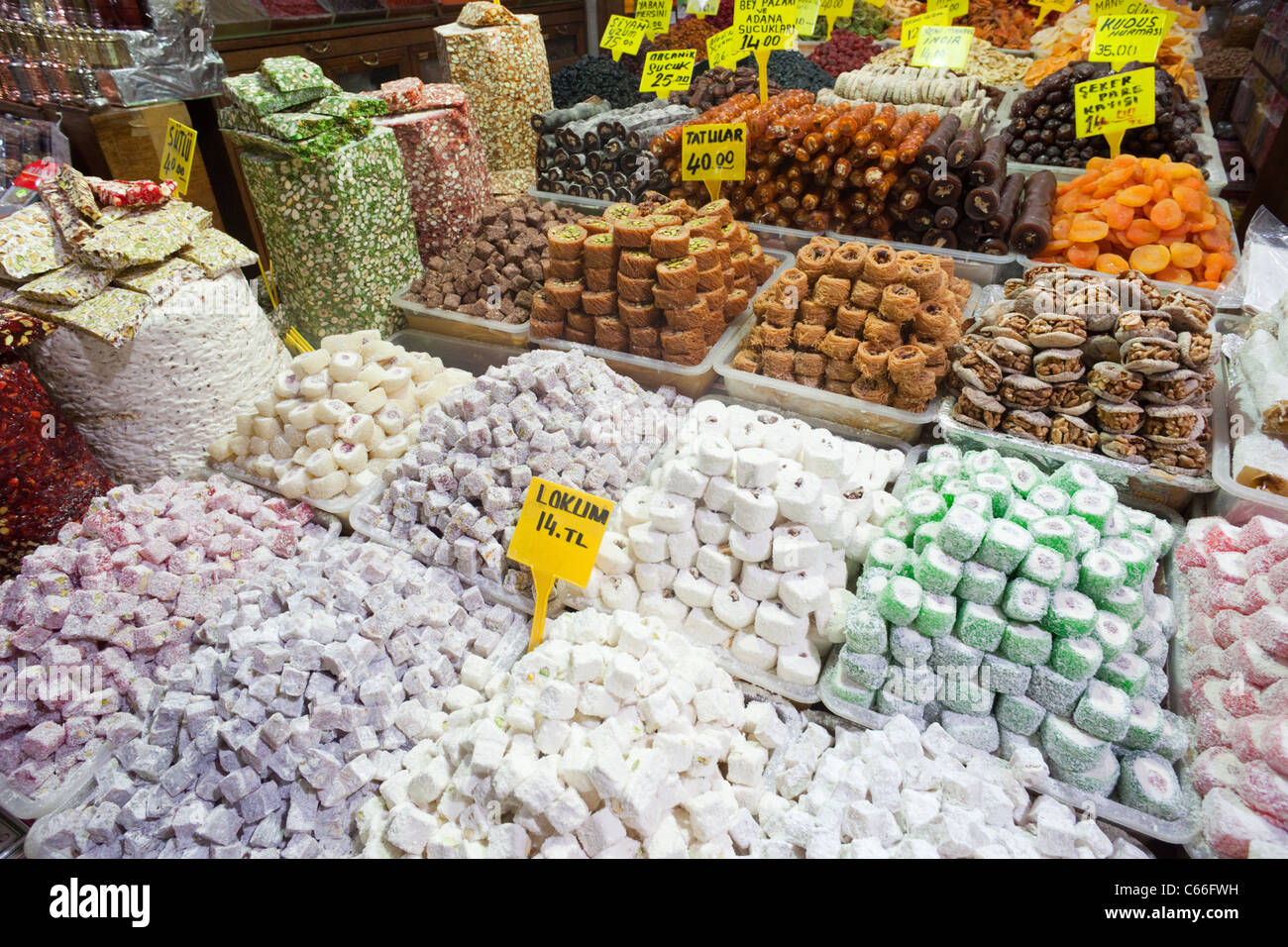 Turkey, Istanbul, Sultanahmet, Spice Bazaar, Display of Turkish Delight ...