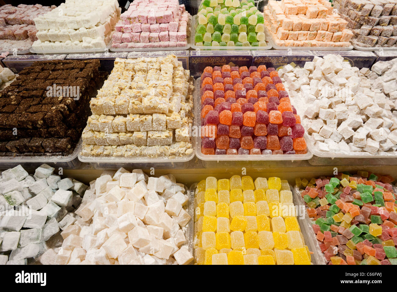 Turkey, Istanbul, Sultanahmet, Spice Bazaar, Display of Turkish Delight ...