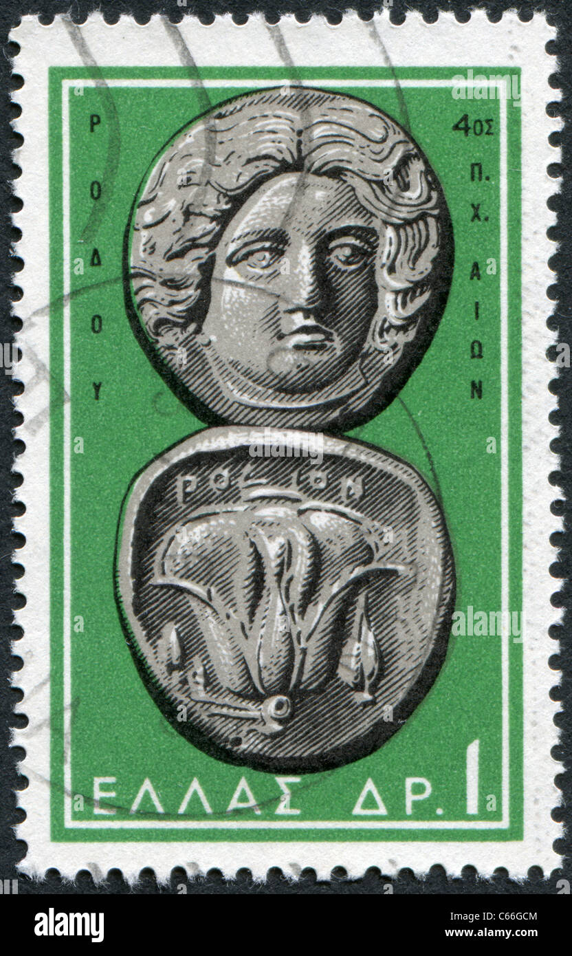 GREECE - 1963: A stamp printed in Greece, shows the ancient Greek coins ...