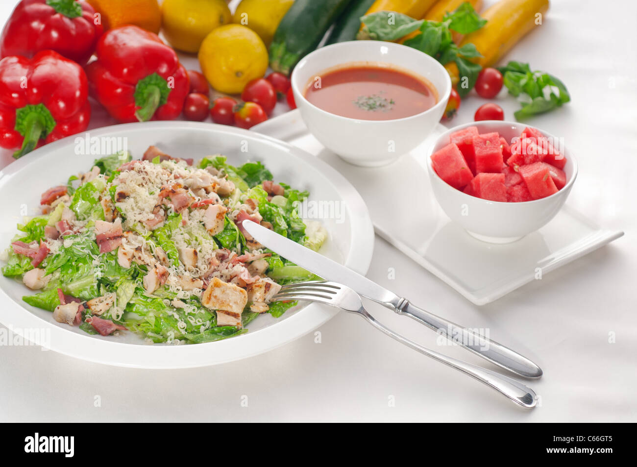fresh classic caesar salad served with gazpacho soup,healthy meal ,MORE ...