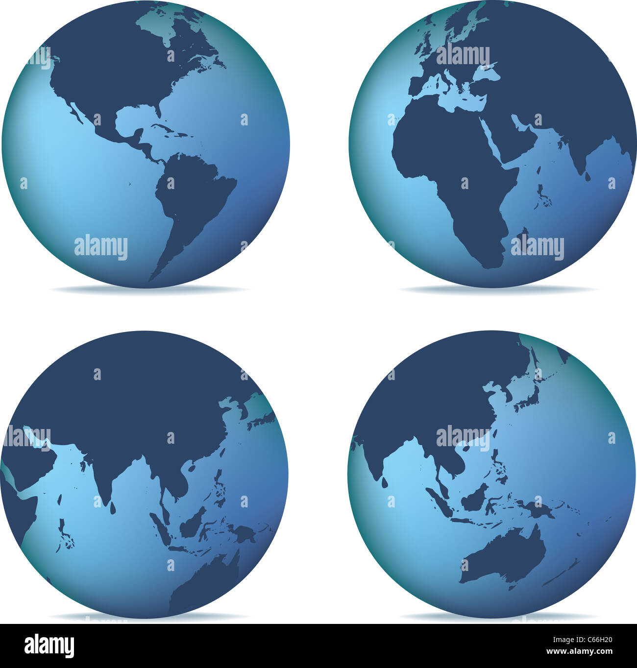 illustration of 4 globes showing different country areas Stock Photo ...