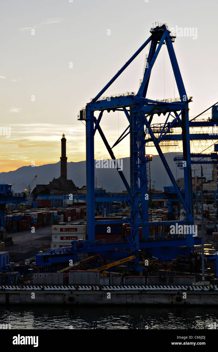 Loading wharf with containers and cranes in the port of Genova, Italy ...