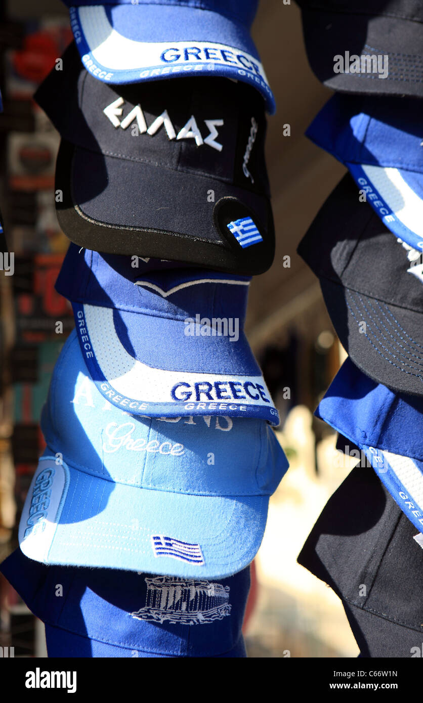 Athens Greece - baseball caps hanging in tourist shops in the Plaka ...