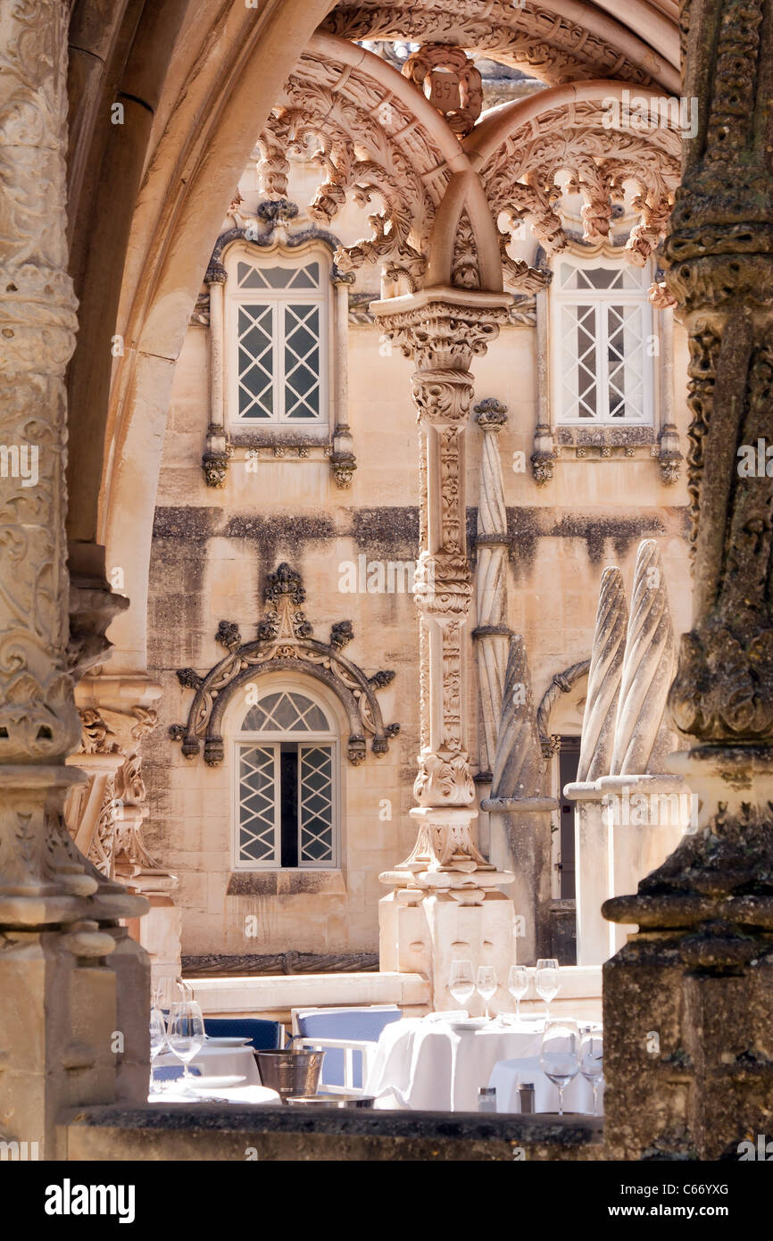 Detail of balcony in old castle with some tables inside Stock Photo - Alamy