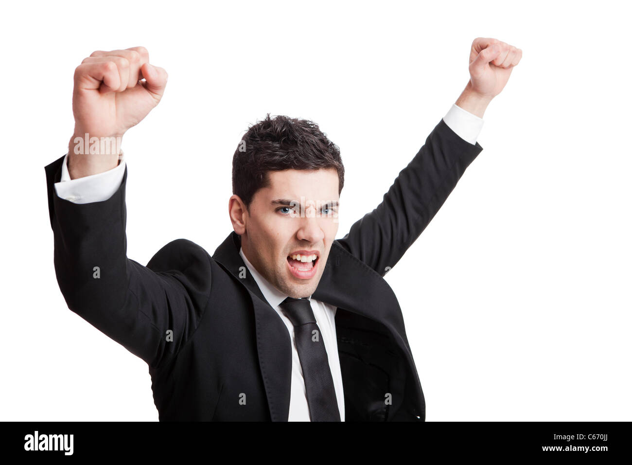 Young businessman with arms up isolated over a white background Stock ...