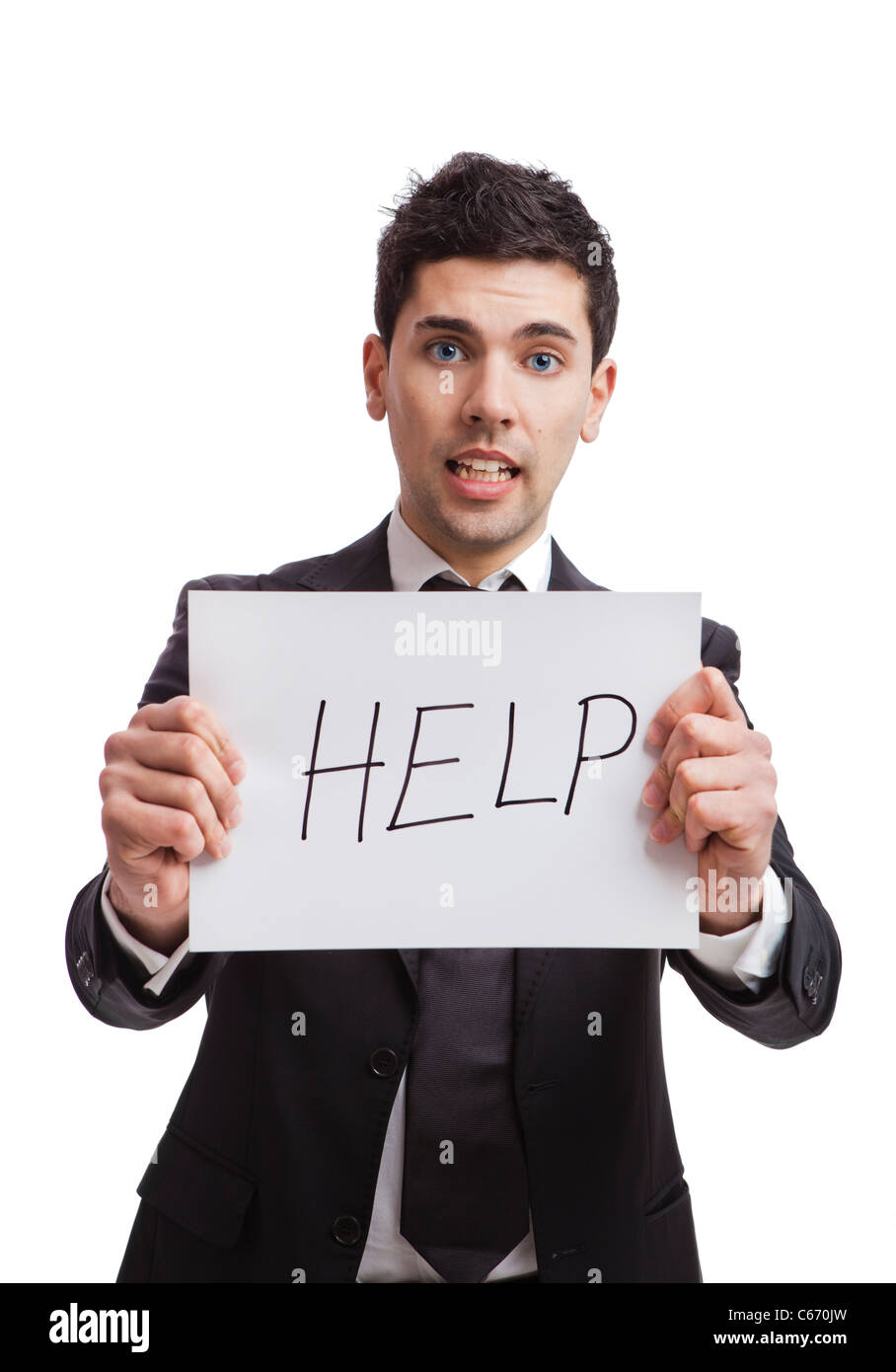 Businessman holding a cardboard with the text Help, isolated on white ...