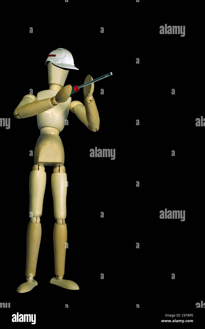 Mannequin as a construction worker wearing hard hat and holding tools ...