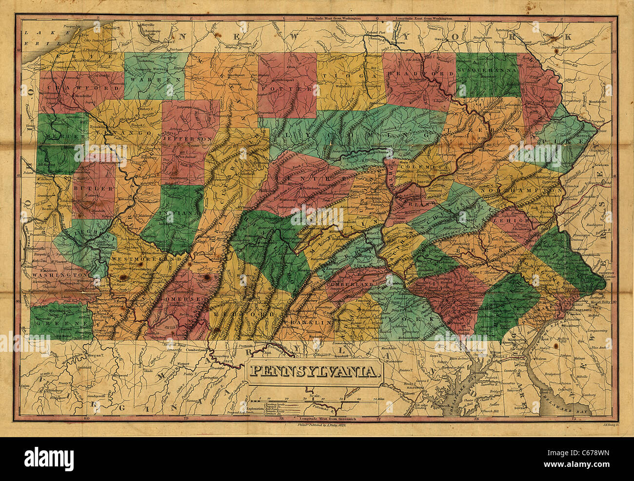 1829 Pennsylvania Map - Vintage Antiquarian Map by Finley Stock Photo ...