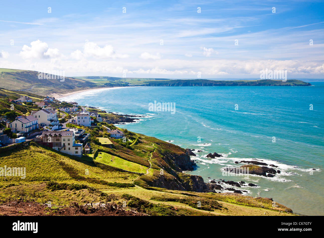 View over Woolacombe Bay towards Baggy Point, North Devon, England, UK ...