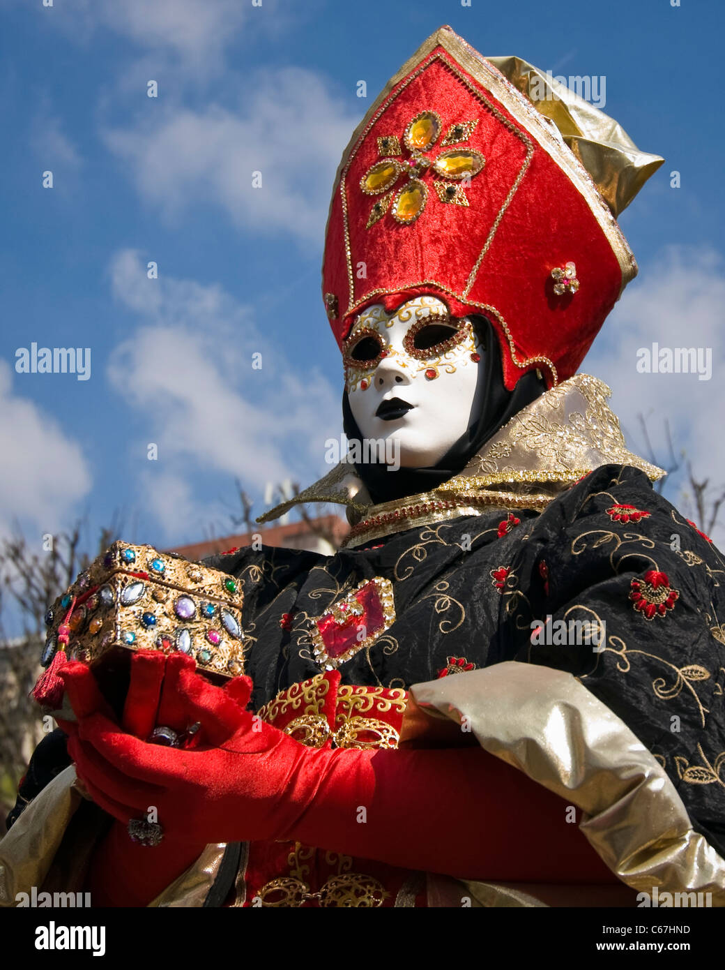 Performers in costume gathered for a Venetian carnival parade Stock ...