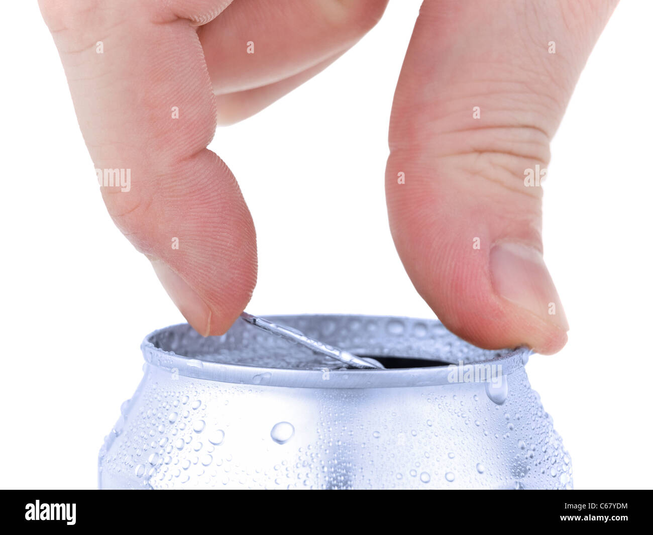 Close up of a hand opening a beverage. Isolated on white Stock Photo ...