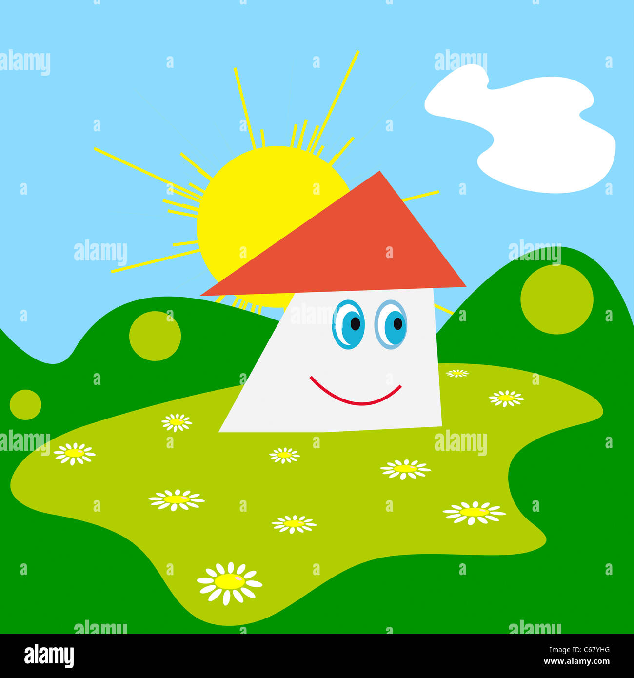 Smiling house on the green meadow Stock Photo - Alamy