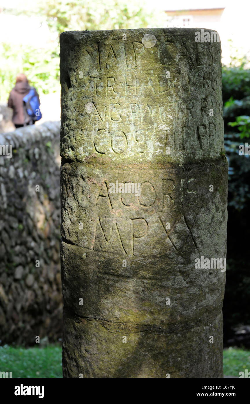 Replica milestone at Vindolanda Roman fort , near Hadrian's Wall, UK ...
