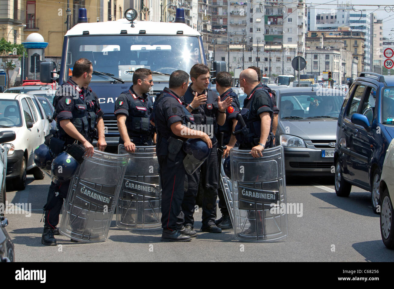 Italian Naples city police at a unemployment demonstration on busy ...