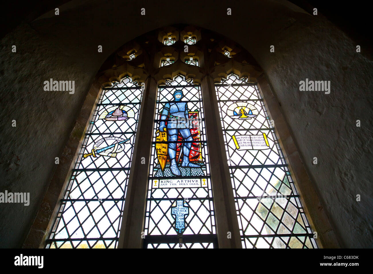 Stained glass window depicting King Arthur in St Nectan's church near ...