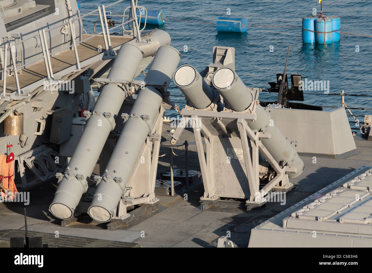 RGM-84 Harpoon anti-ship missile launchers on board the destroyer USS Carney. Military ...