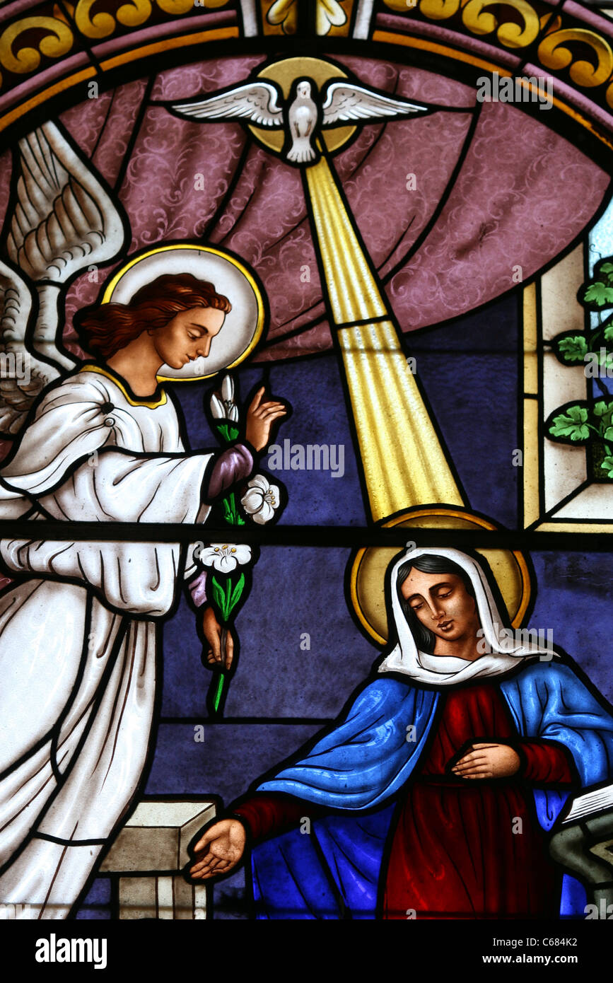 Intricate stained glass windows inside Iglesia Santa Lucia in the Plaza ...