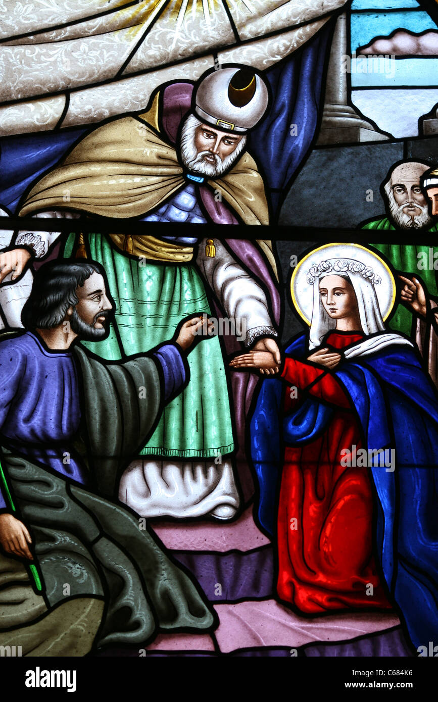 Intricate stained glass windows inside Iglesia Santa Lucia in the Plaza ...