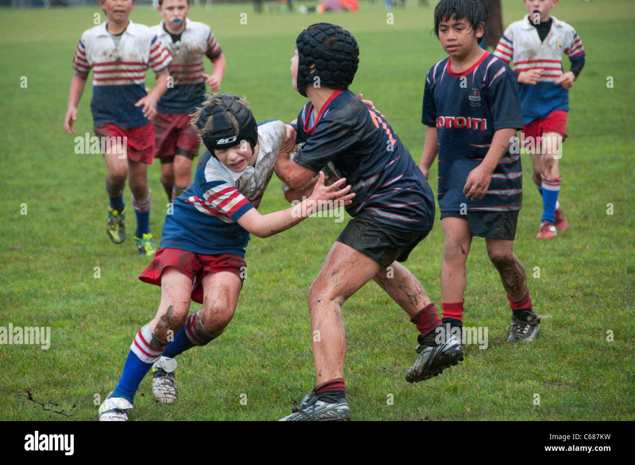 junior rugby players going for it Stock Photo - Alamy
