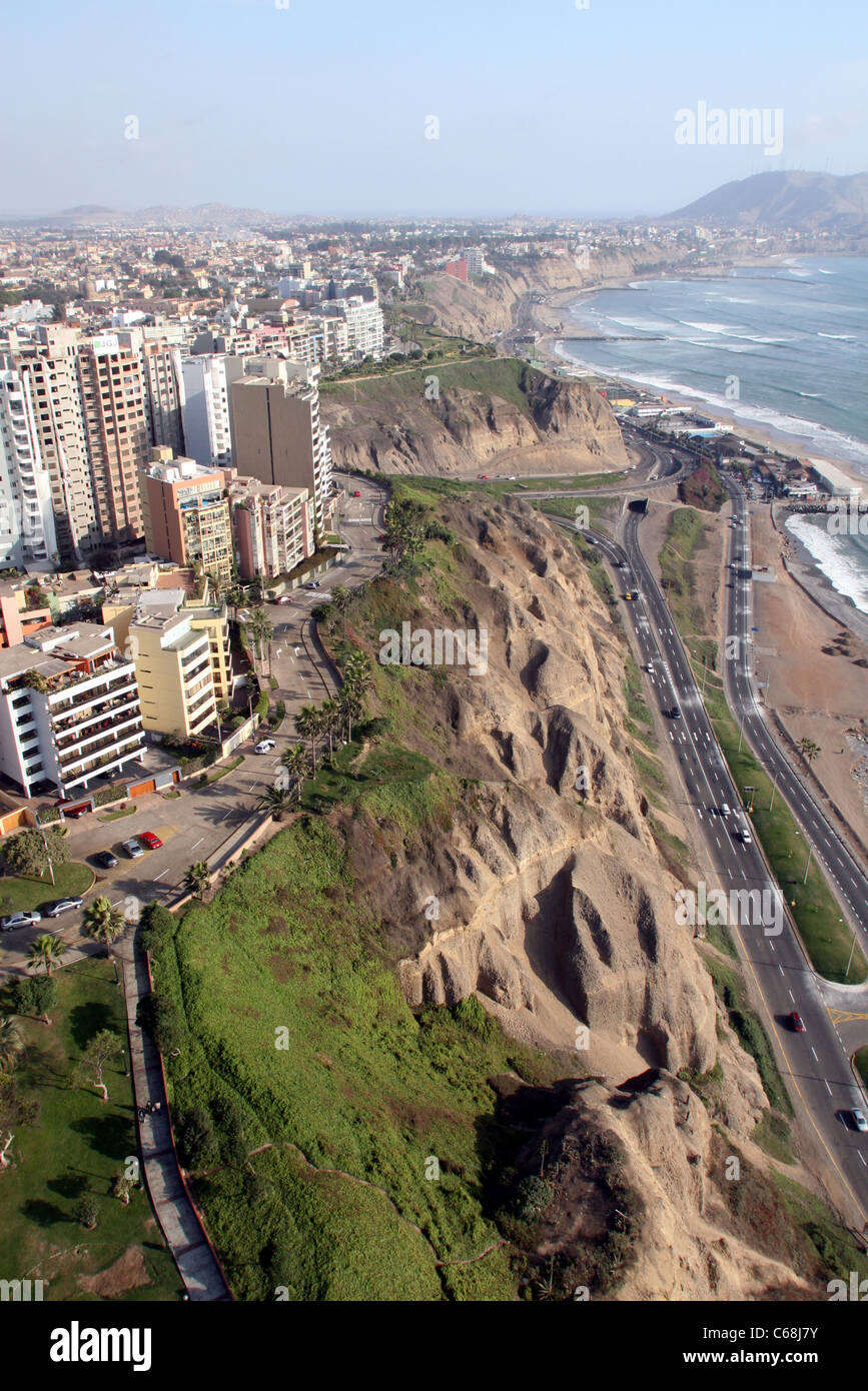 Aerial view of Miraflores and its coastal cliffs bordering the Pacific ...