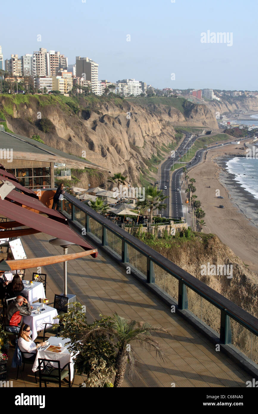 Restaurant overlooking the Pacific Ocean at Larcomar mall. Miraflores ...