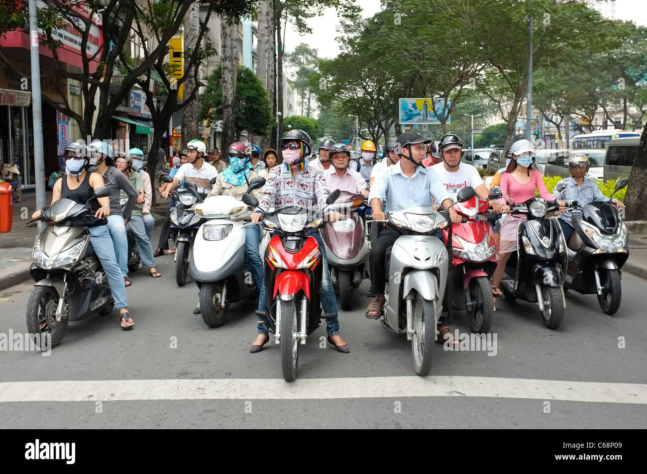 Motor Scooter Traffic Waiting at an Intersection in Ho Chi Minh City ...