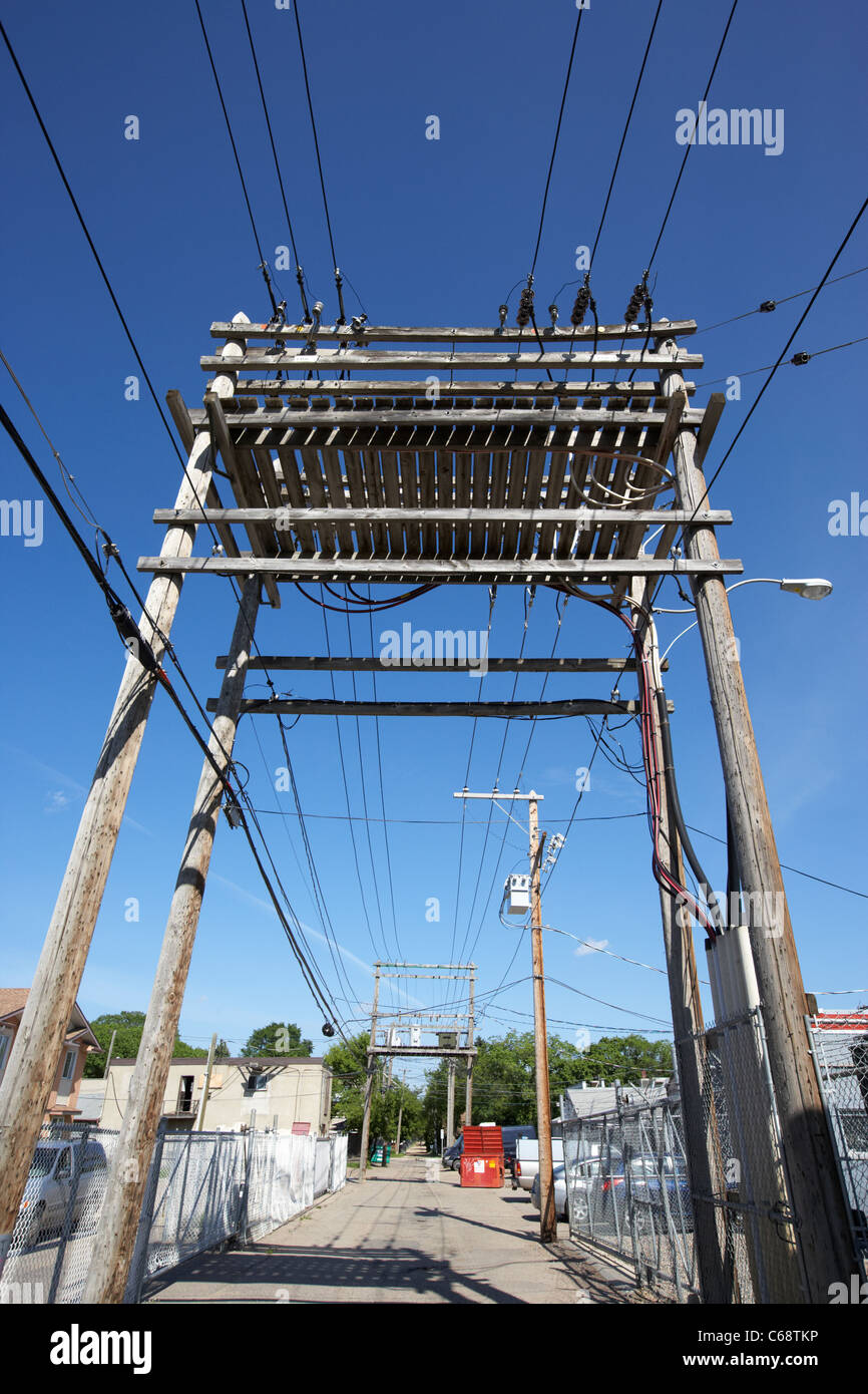 overhead power lines and town power transformer local electricity ...