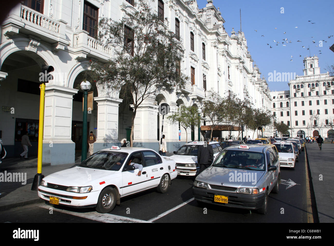 Taxis in Plaza San Martin in the central city. Lima, Peru, South ...