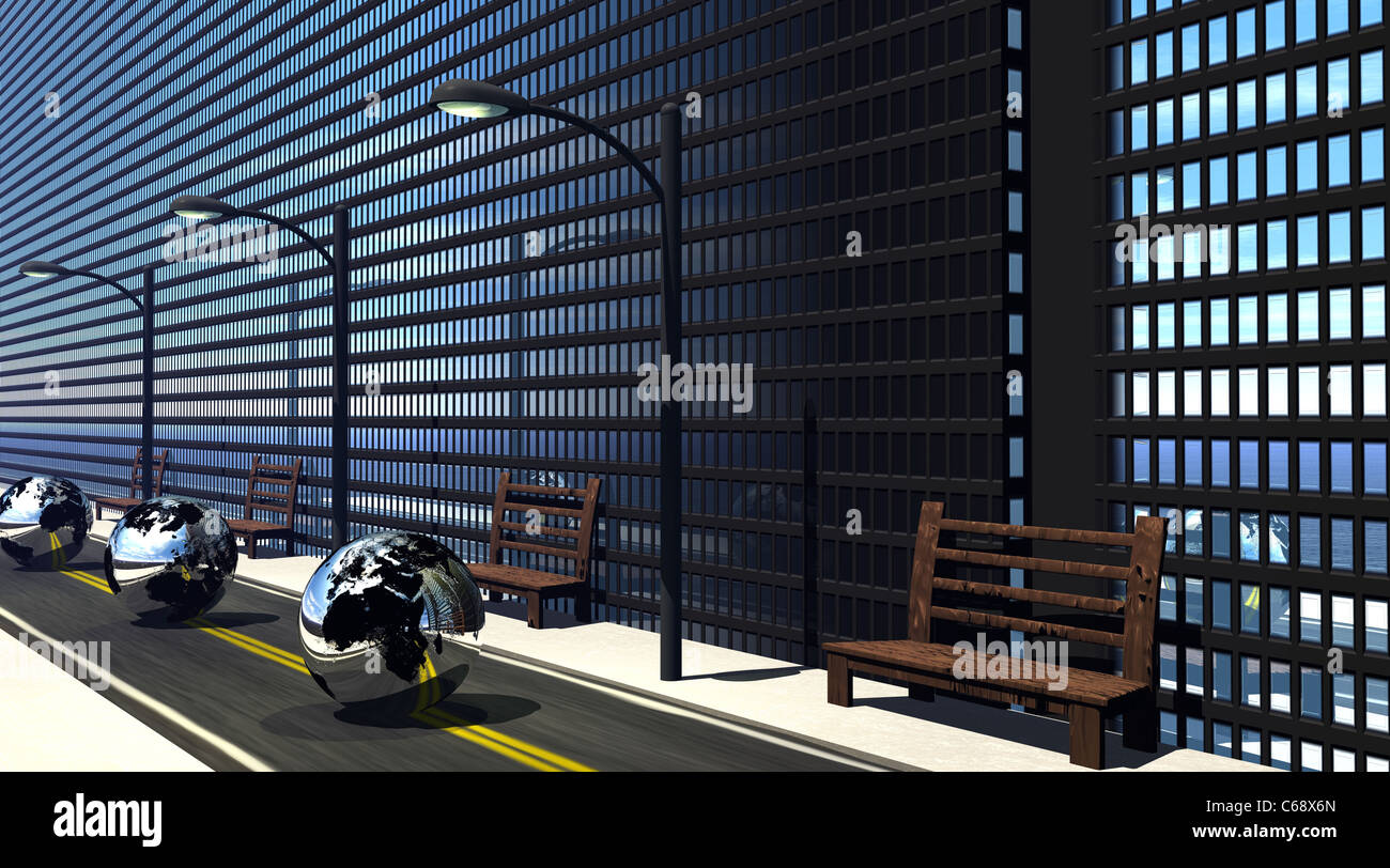 Earth running in front of business modern buildings Stock Photo - Alamy