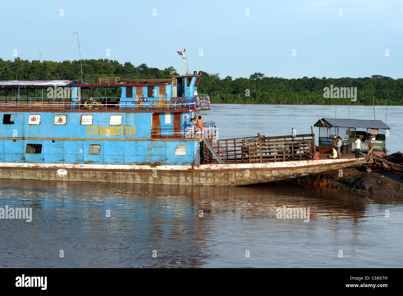 Old passenger ferry berthed on the river in the Amazon at Yurimaguas ...