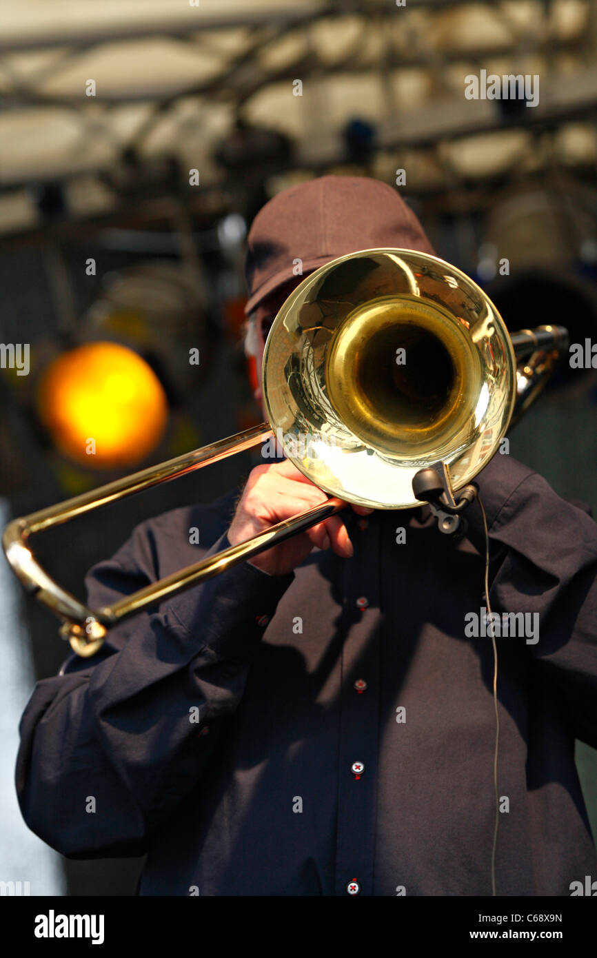 Close up of a Trombone being played by a musician Stock Photo - Alamy