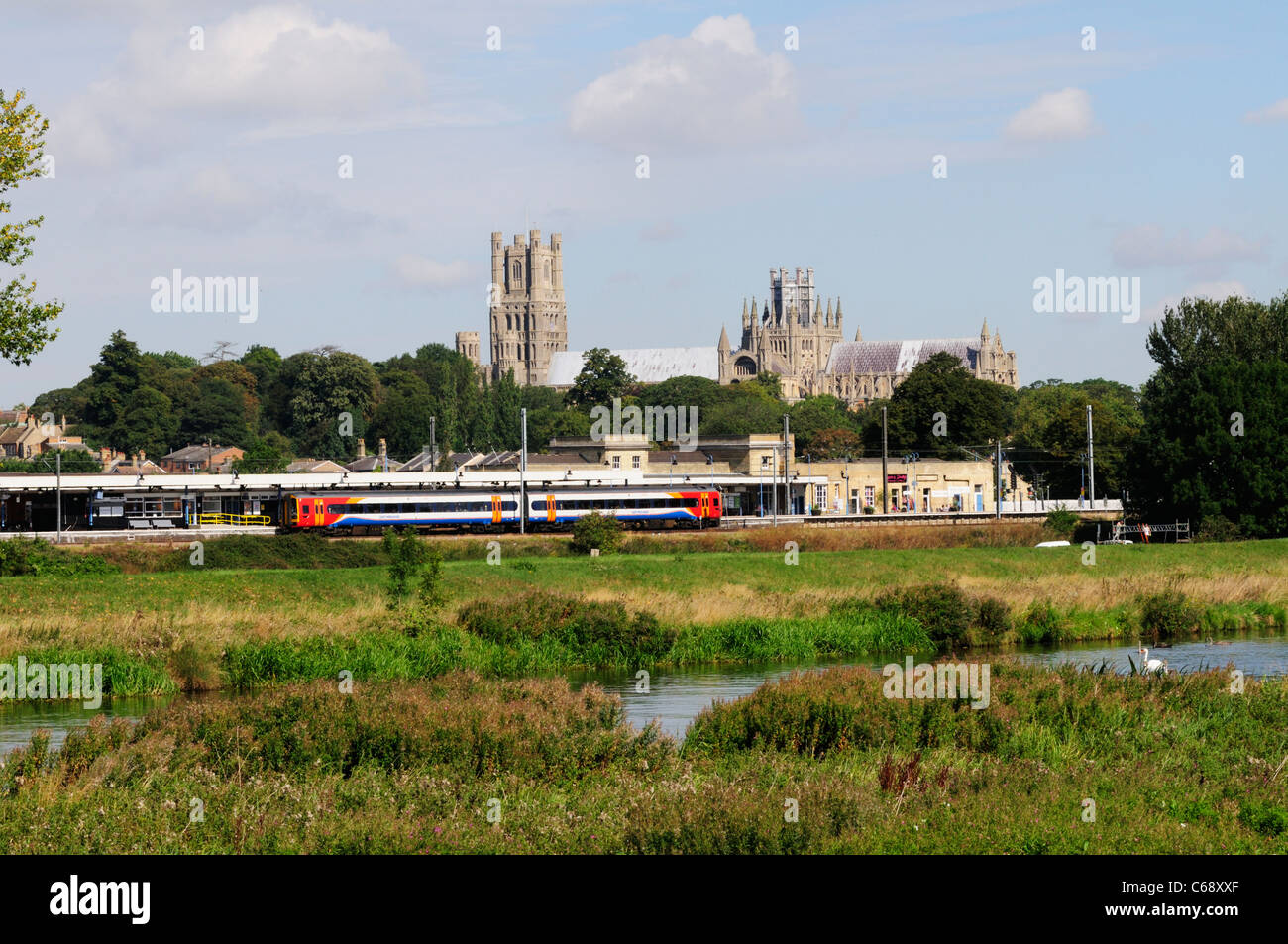 Ely Station and Cathedral, Ely, Cambridgeshire, England, UK Stock Photo ...