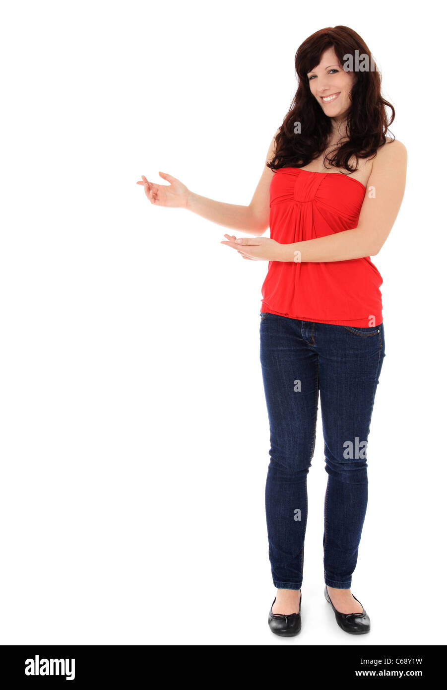 Attractive young woman presenting something. All on white background ...