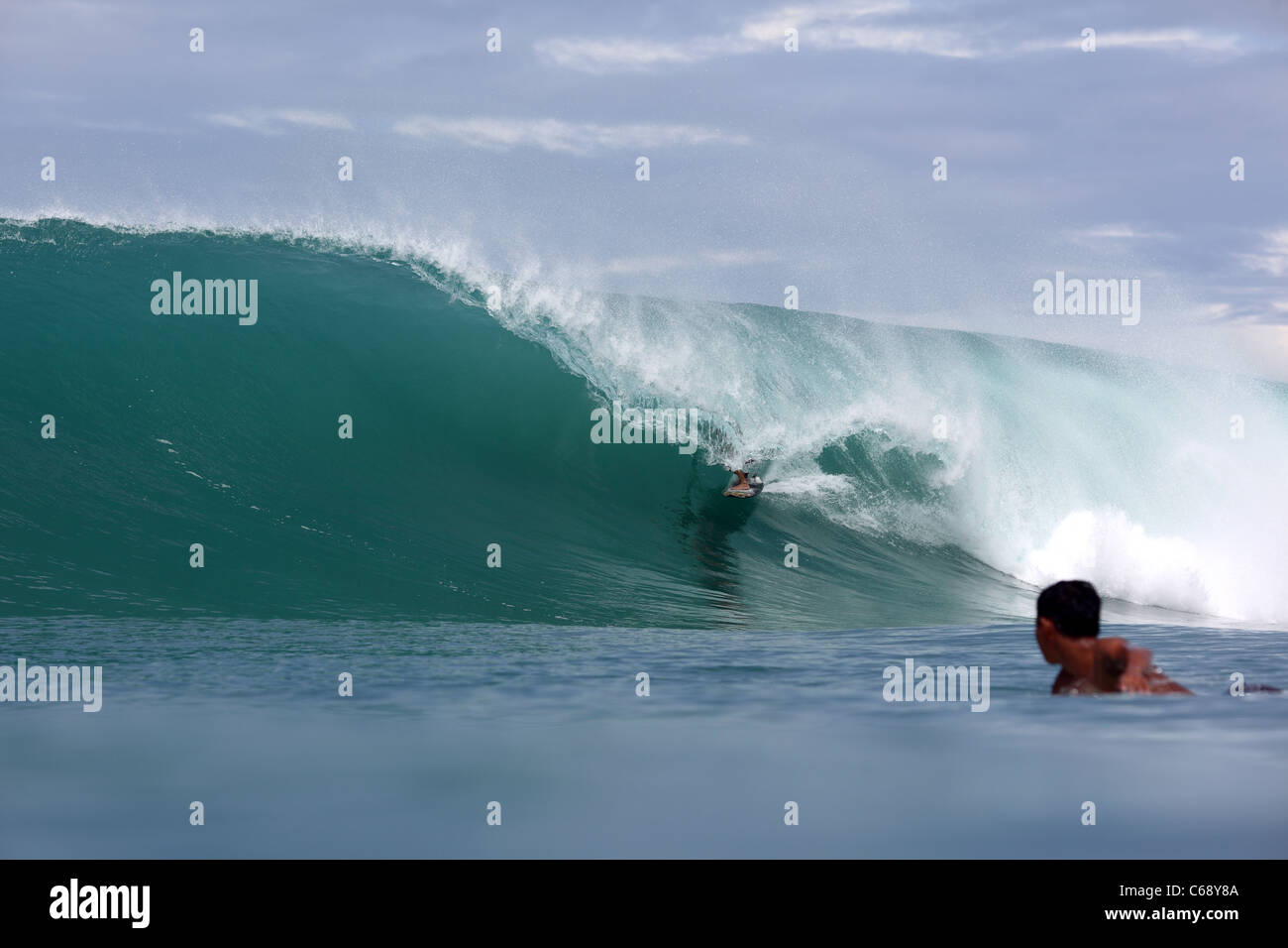 Surfer riding in the tube on a perfect wave on Nias Island in Sumatra ...