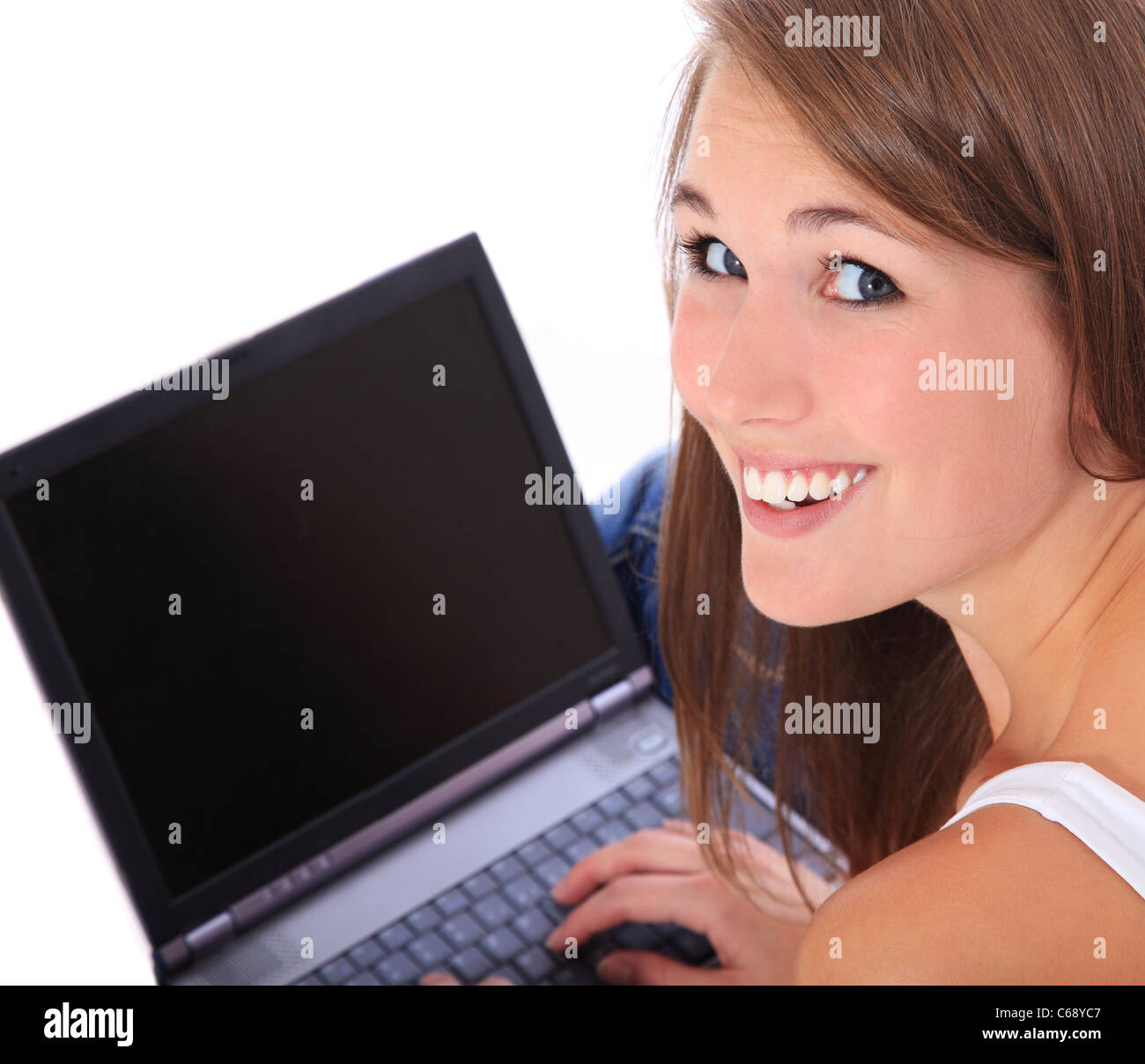 Attractive young woman using laptop. All on white background Stock ...