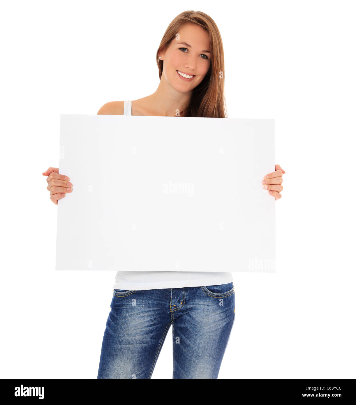 Attractive young woman holding blank white sign. All on white ...