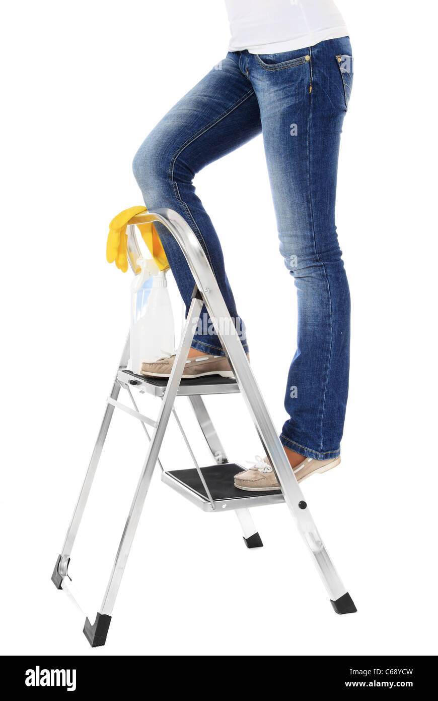 Woman standing on stepladder during housecleaning. All on white ...