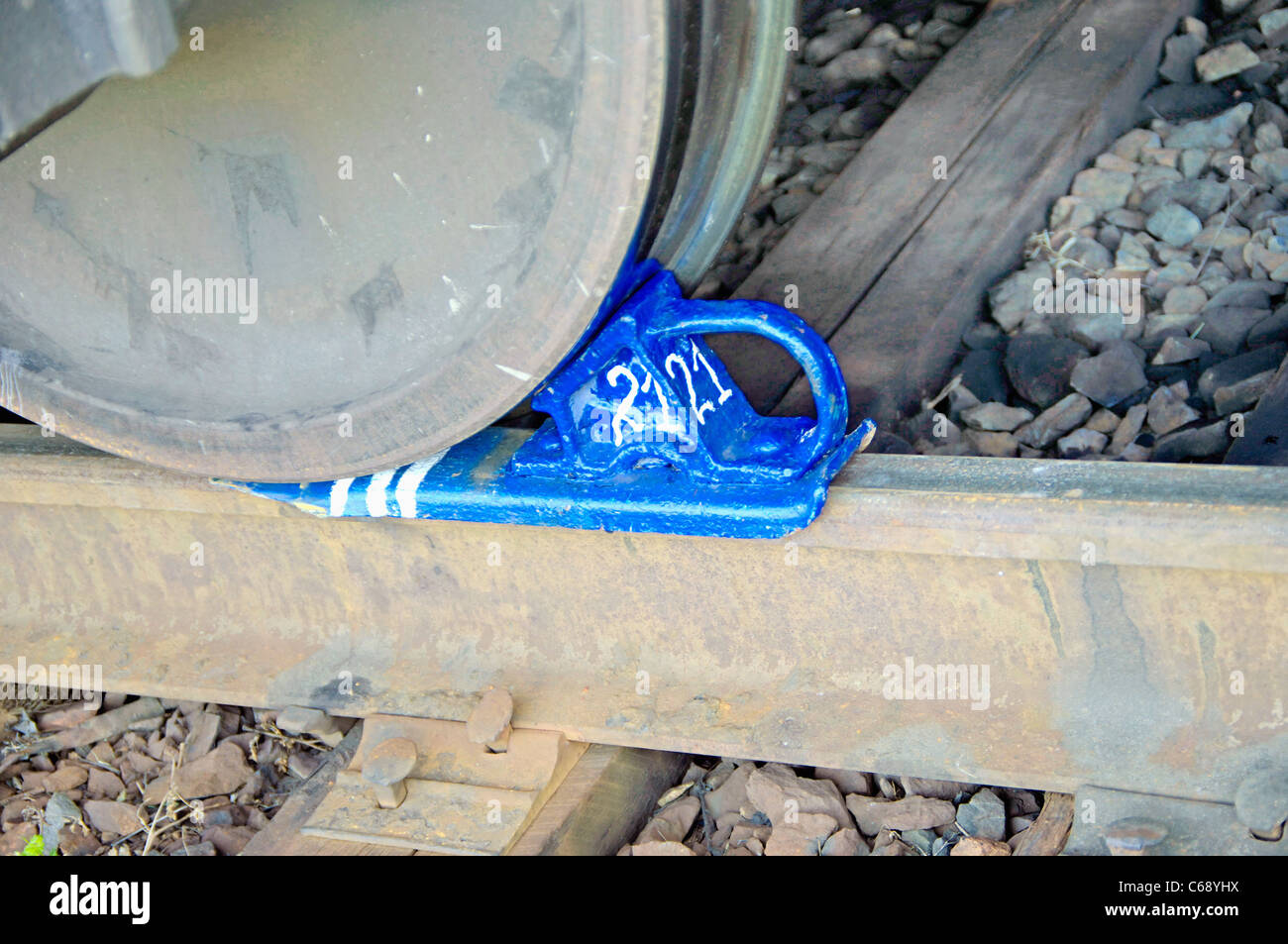 Railway wheel and brake on the rail Stock Photo - Alamy