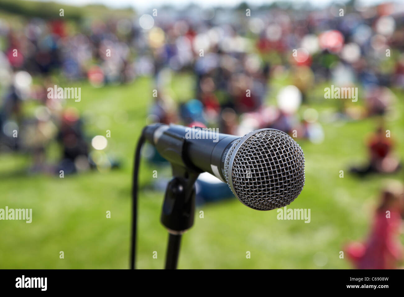 microphone on stage at a summer outdoor festival Saskatoon Saskatchewan ...