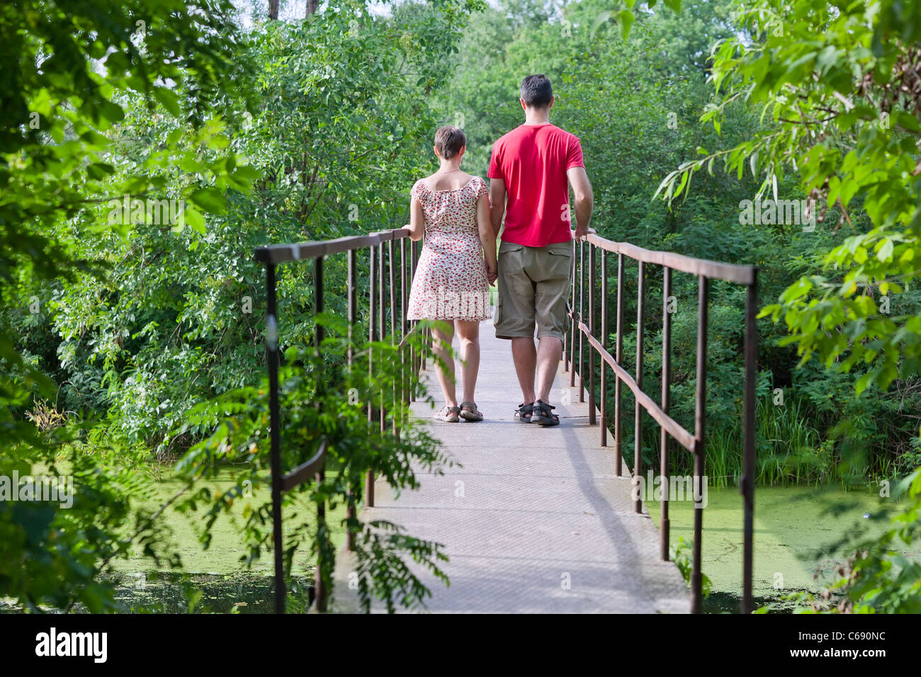 Husband with his wife on the bridge in green forest Stock Photo - Alamy