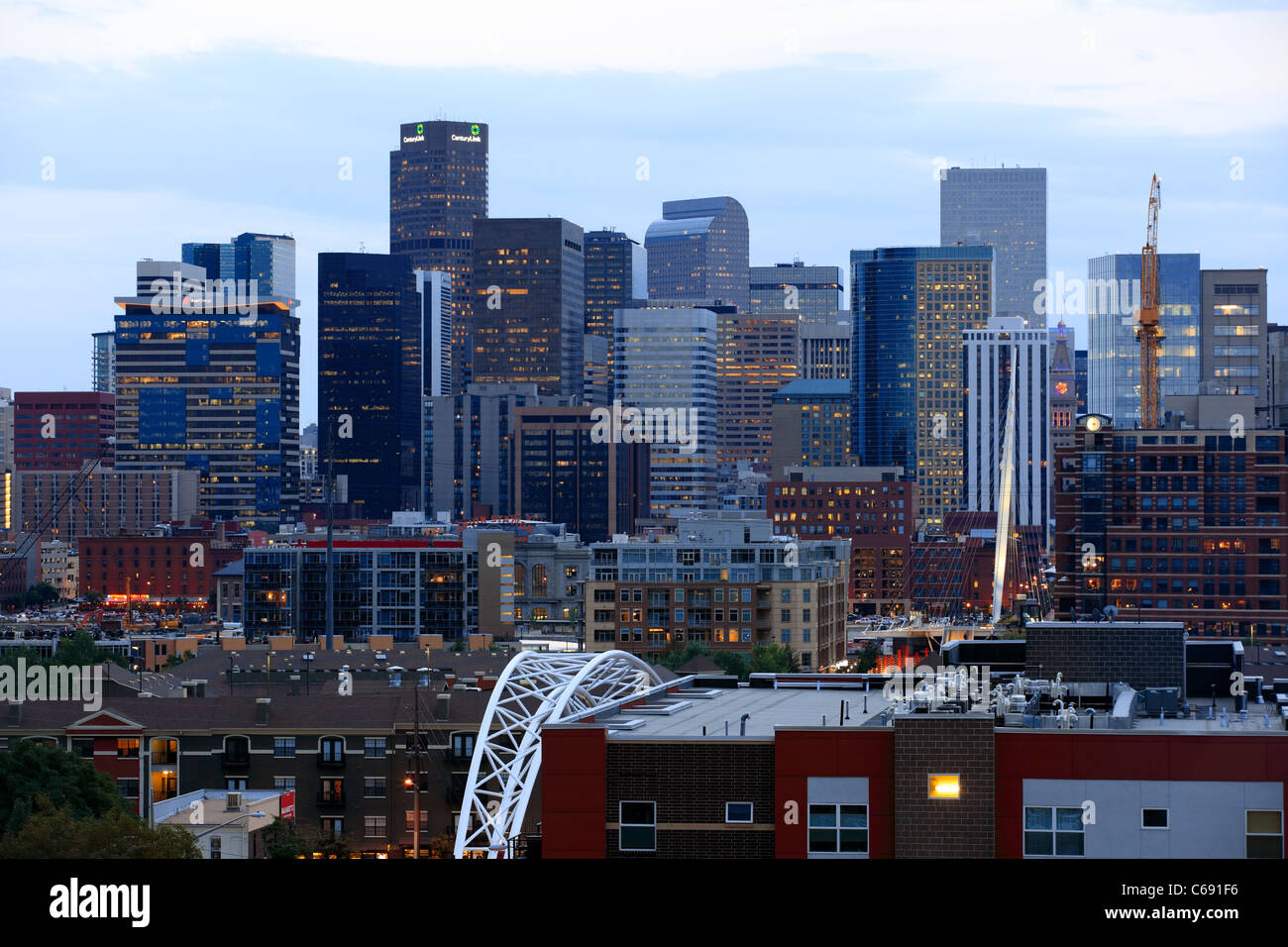 Denver, CO - a view of the Denver skyline as night falls upon the city ...