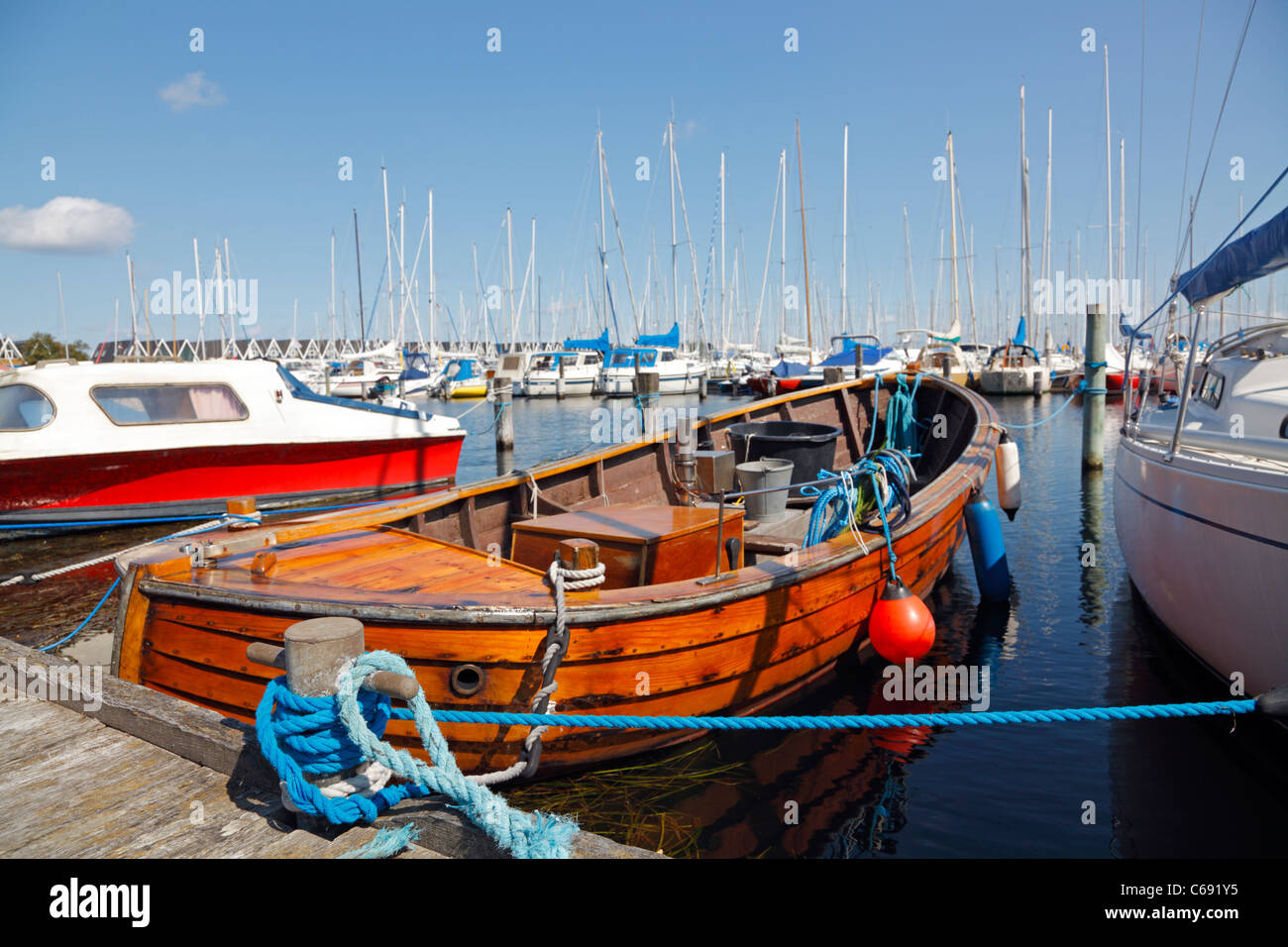 Small fishing boat at the marina and harbour at Rungsted Kyst, Denmark ...