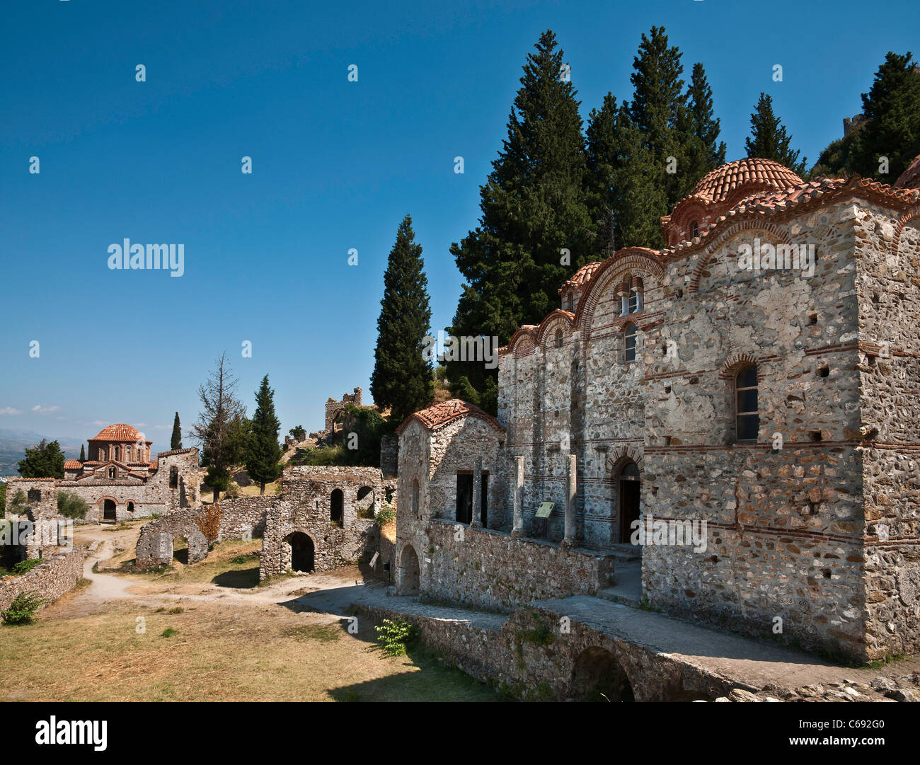 The ruins of Byzantine Mystras with the churches of Hodigitria (right ...