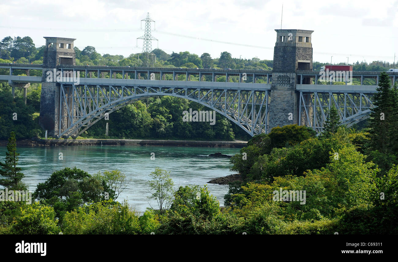 Britannia Bridge across the Menai Strait between the island of Anglesey ...