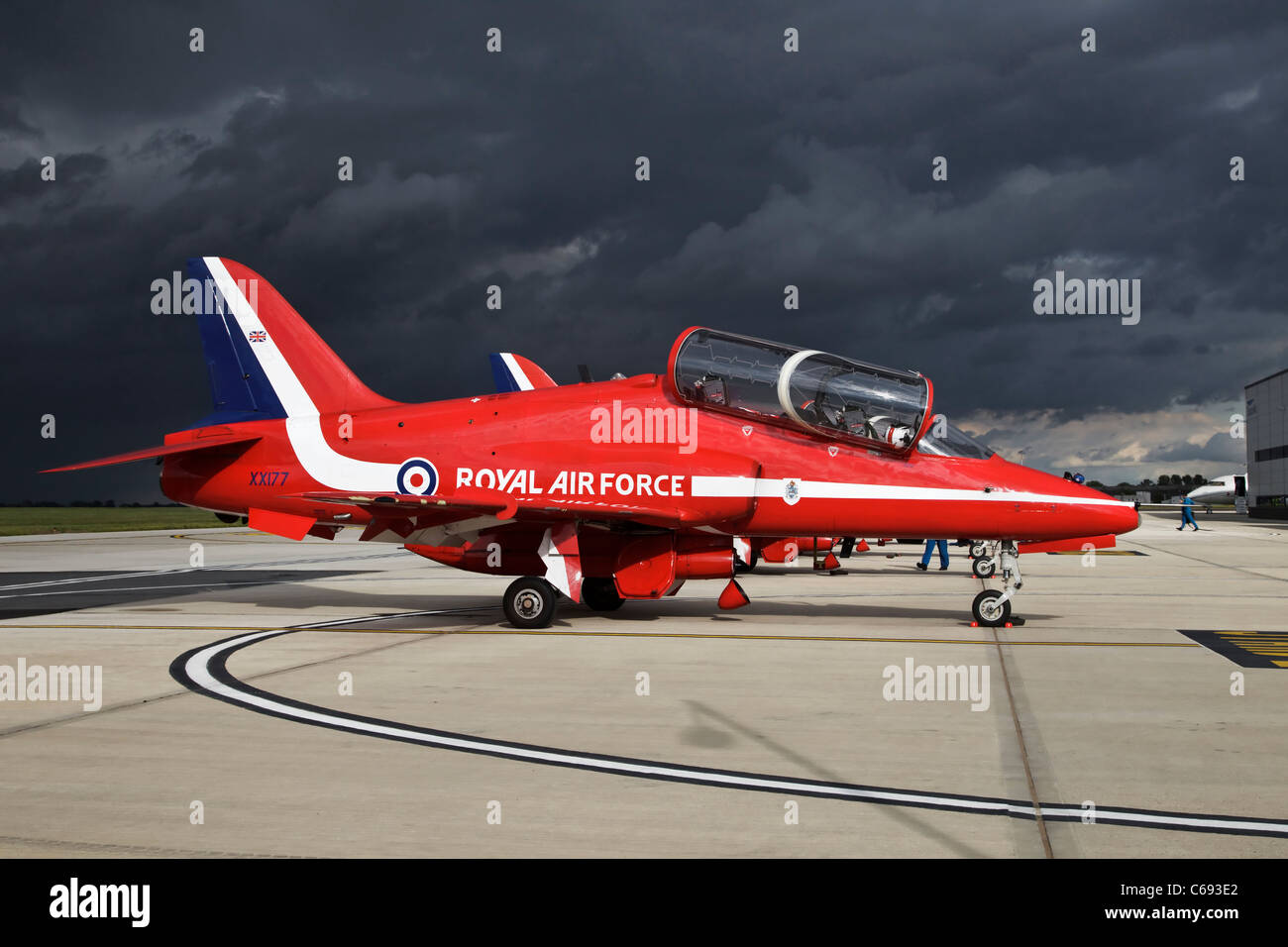 A Bae systems Hawk T1 training aircraft of the RAF's Red Arrows aerobatic team Red One the team ...