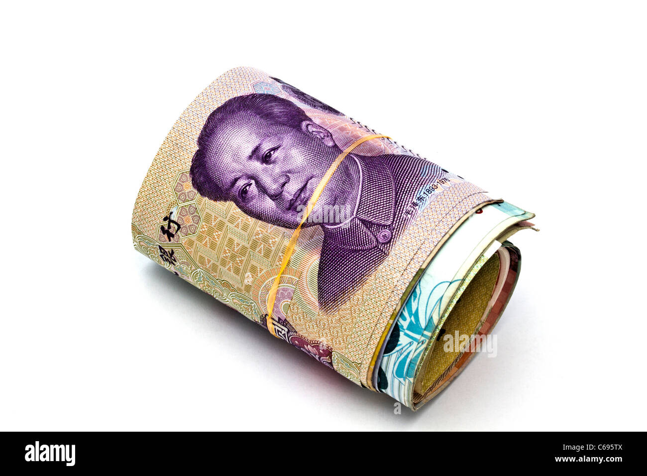 Roll of Chinese money closeup on white background Stock Photo - Alamy