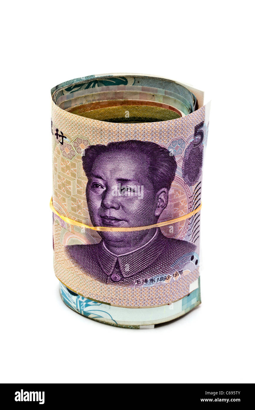 Roll of chinese money closeup on white background Stock Photo - Alamy