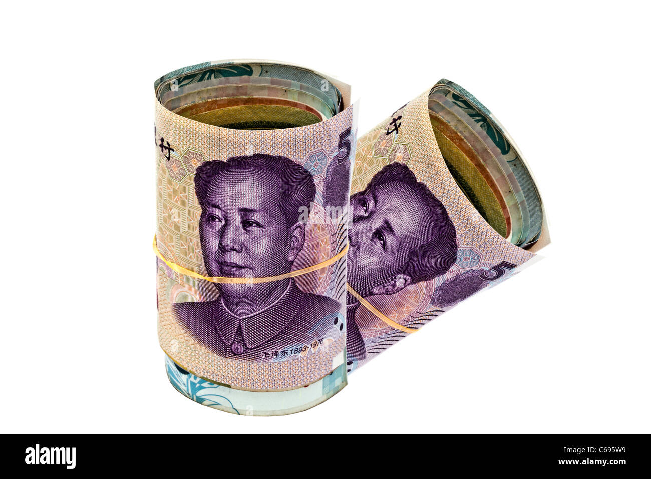 Roll of chinese money closeup on white background Stock Photo - Alamy