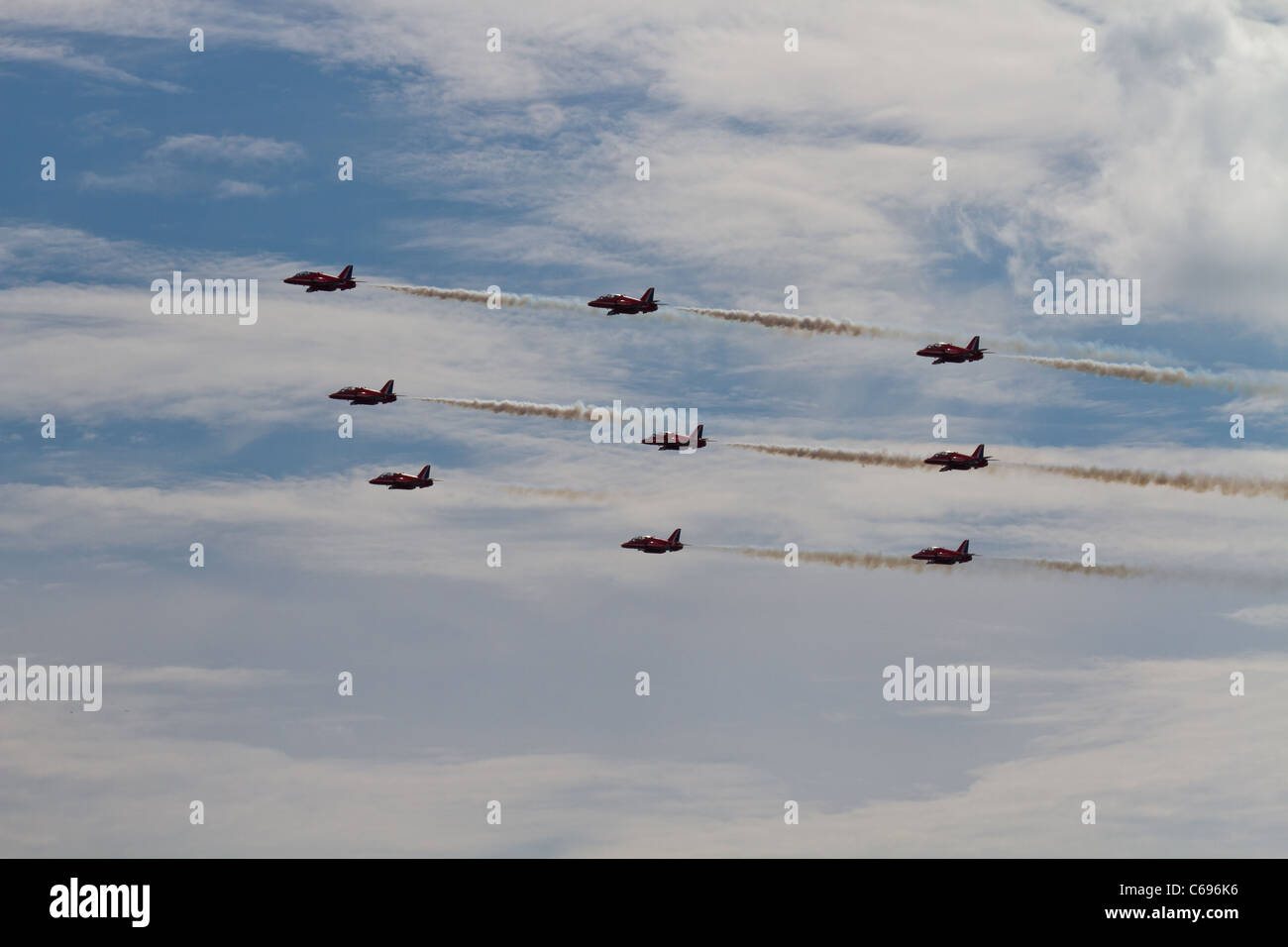 The Red Arrows do a display over the beach at Swansea Bay Stock Photo ...